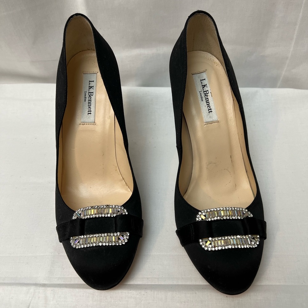 L. K. Bennett Black Satin With Crystals Pumps - Gem